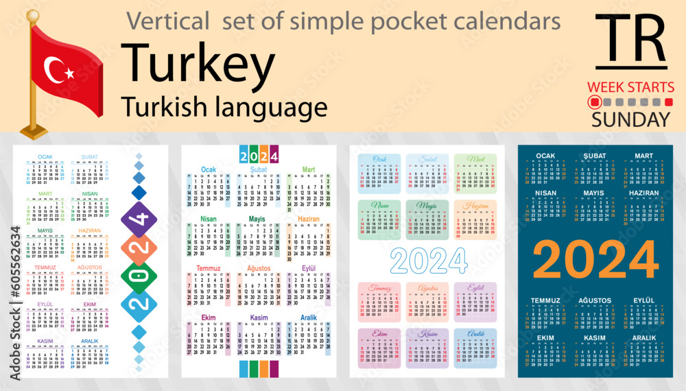 Turkish vertical set of pocket calendar for 2024. Week starts Sunday ...