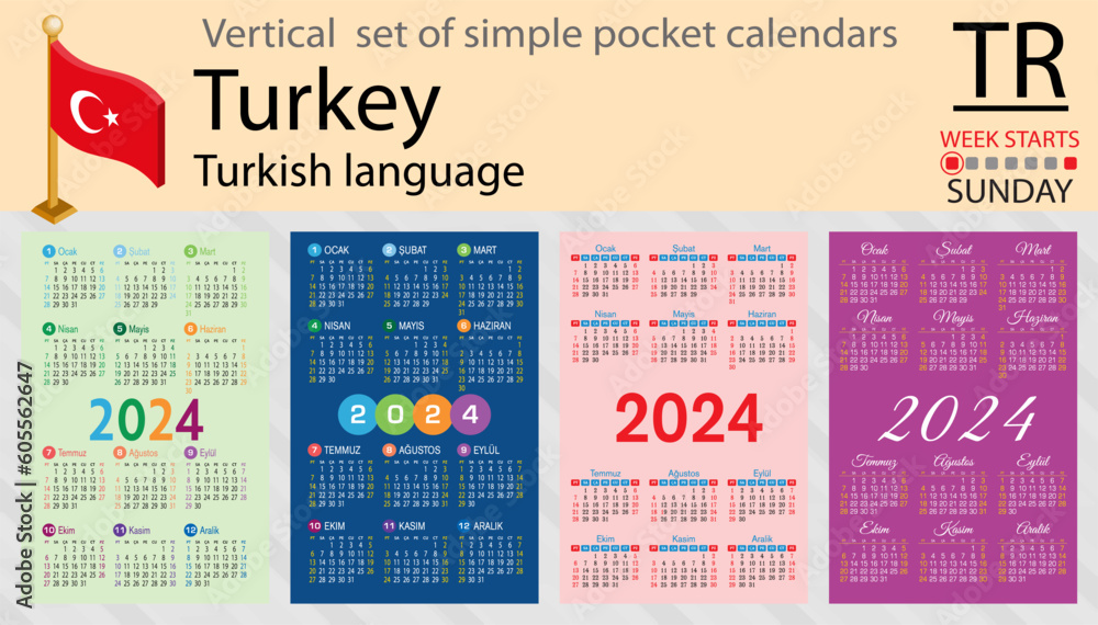 Turkish vertical set of pocket calendar for 2024. Week starts Sunday ...