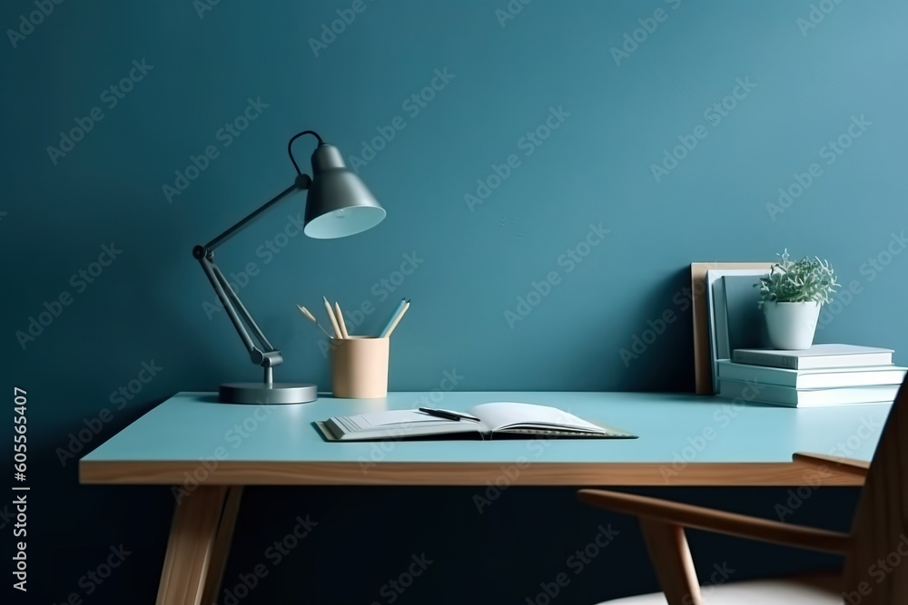Stylish Blue Room Office Setup, Desk with Supplies and Wall Copy Space ...