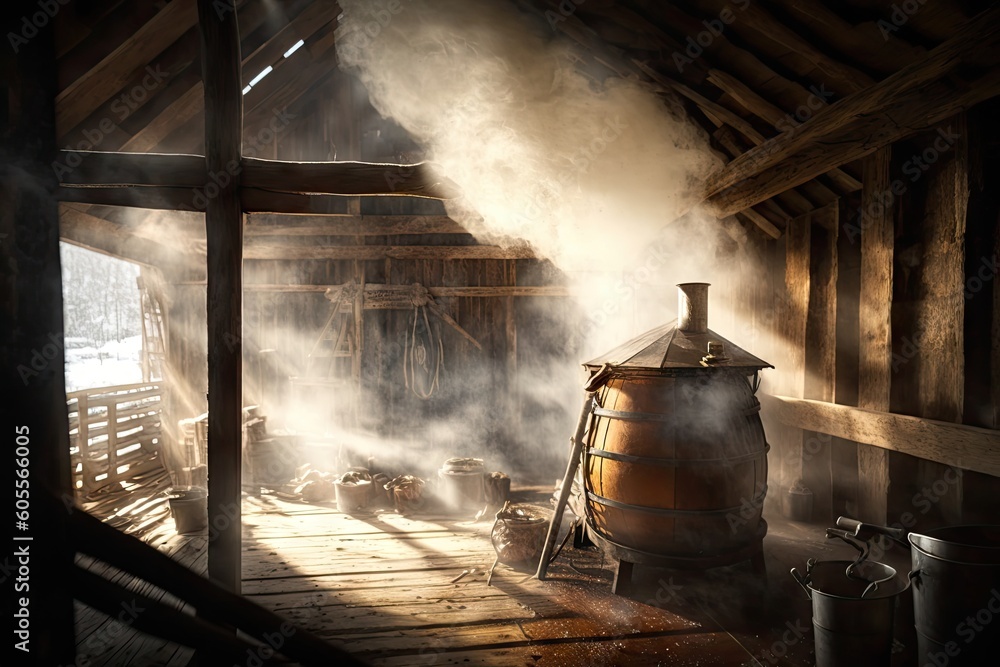 maple sap evaporator being operated in traditional sugar shack setting ...