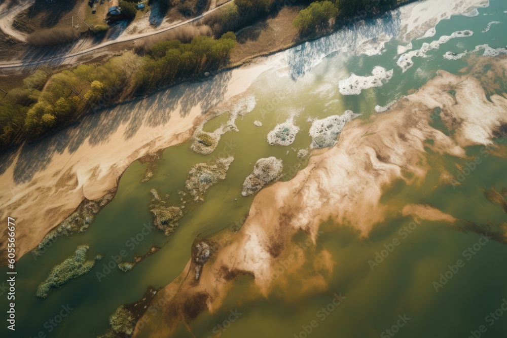 an aerial view of a river, with the polluted water visible and ...