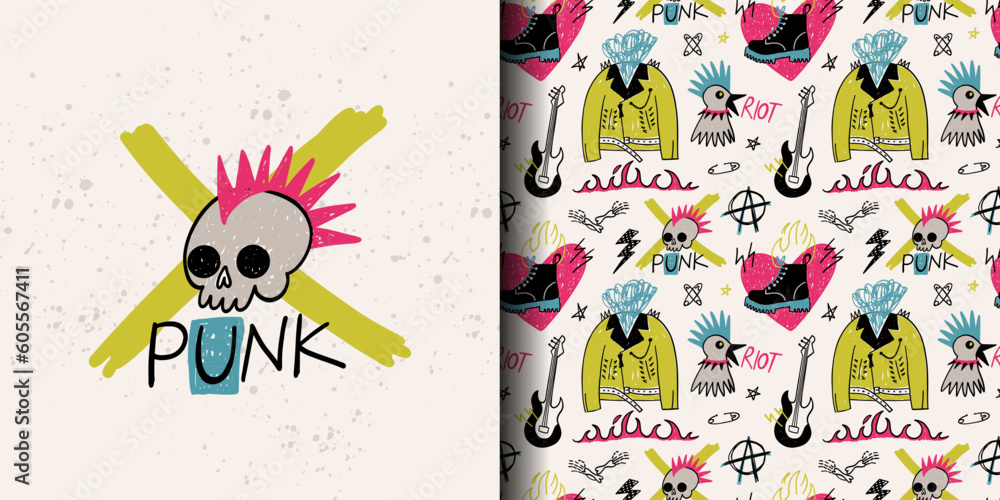 Punk seamless pattern. Hand drawn rock music elements. Leather jacket ...