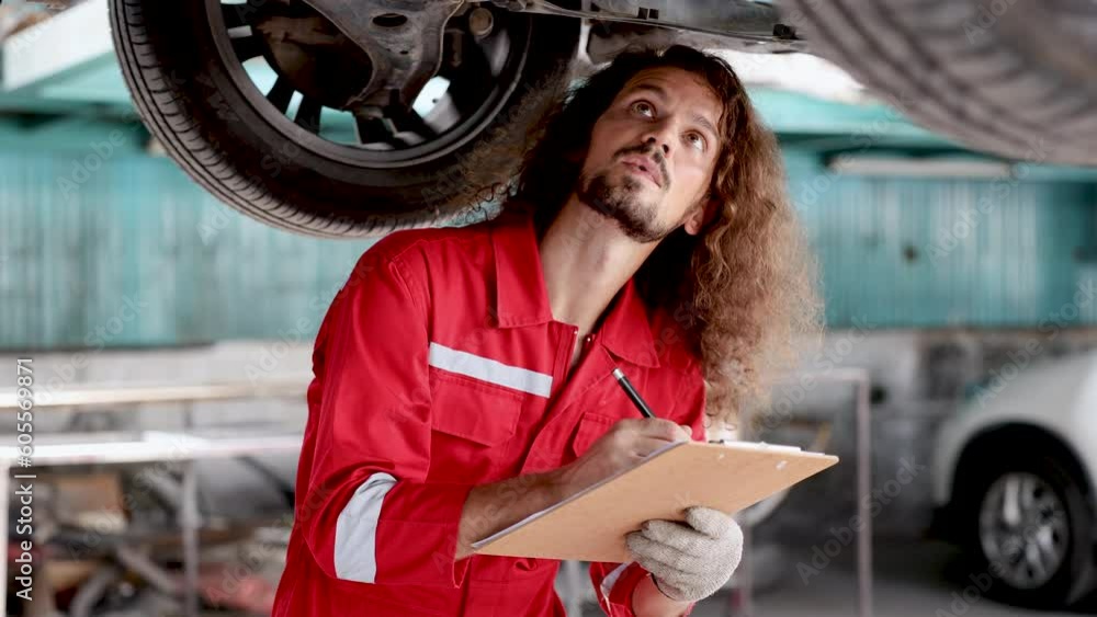 Caucasian Smart man checking car maintenance SUV suspension of a lifted ...