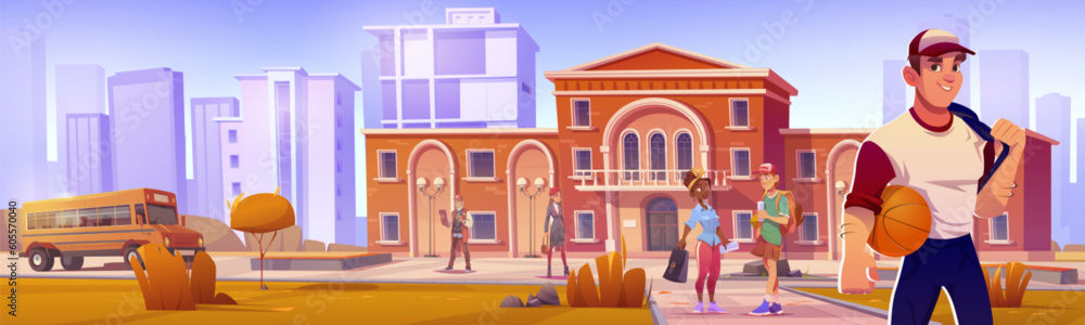 High school students on campus in autumn. Vector cartoon illustration ...