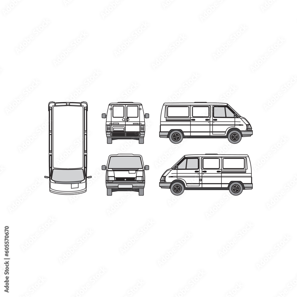 outline of van, year 1998, isolated white background, front, back, top ...