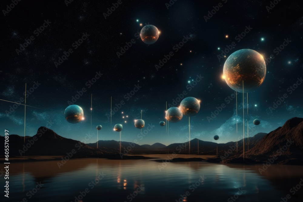 abstract and surreal landscape with floating orbs of light, resembling ...