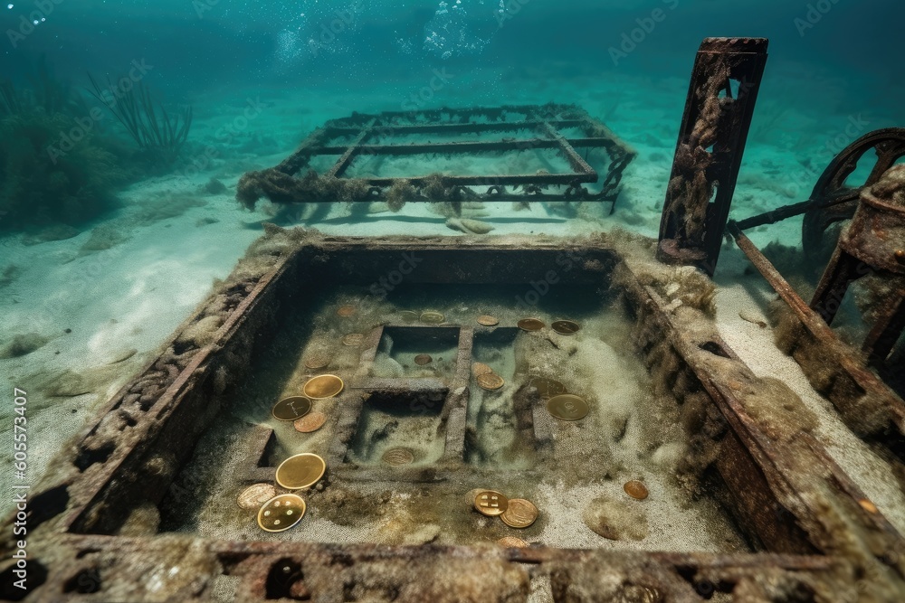Metal Detector Frame In The Middle Of The Old Shipwreck With Treasure And Gold Coins Created
