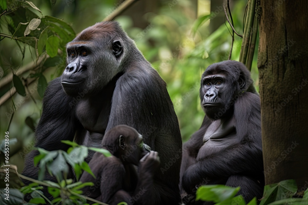 a family of gorillas in the rainforest, with mother and father ...