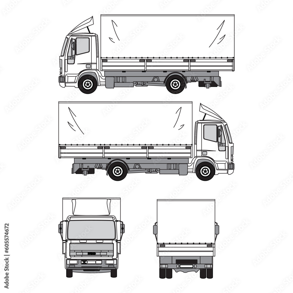 truck outline, year 1992, white background, front, back, top and side ...