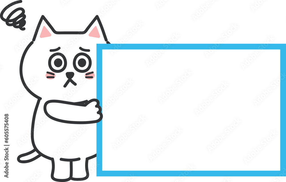 White cartoon cat in trouble asking for help with a blank sign, vector ...