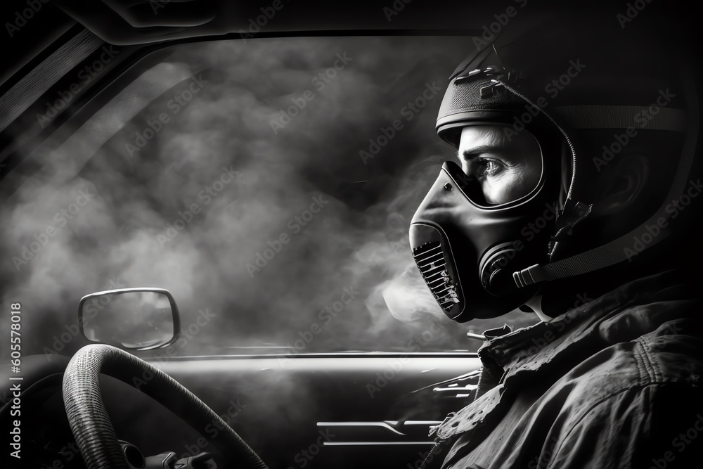 Driver wearing respirator or gas mask. Bad smell in the car. Concept of ...