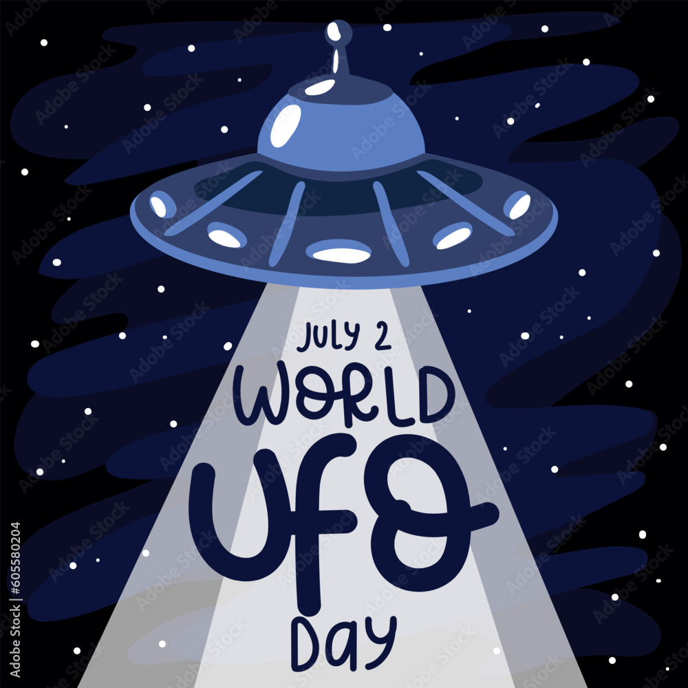 Banner for World UFO Day, celebrated on July 2. A cartoon plate of ...