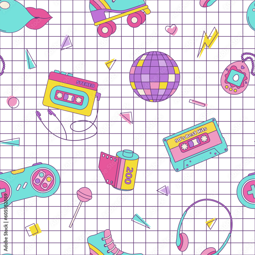 Vintage seamless pattern 80s 90s disco ball, roller skates, cassette ...