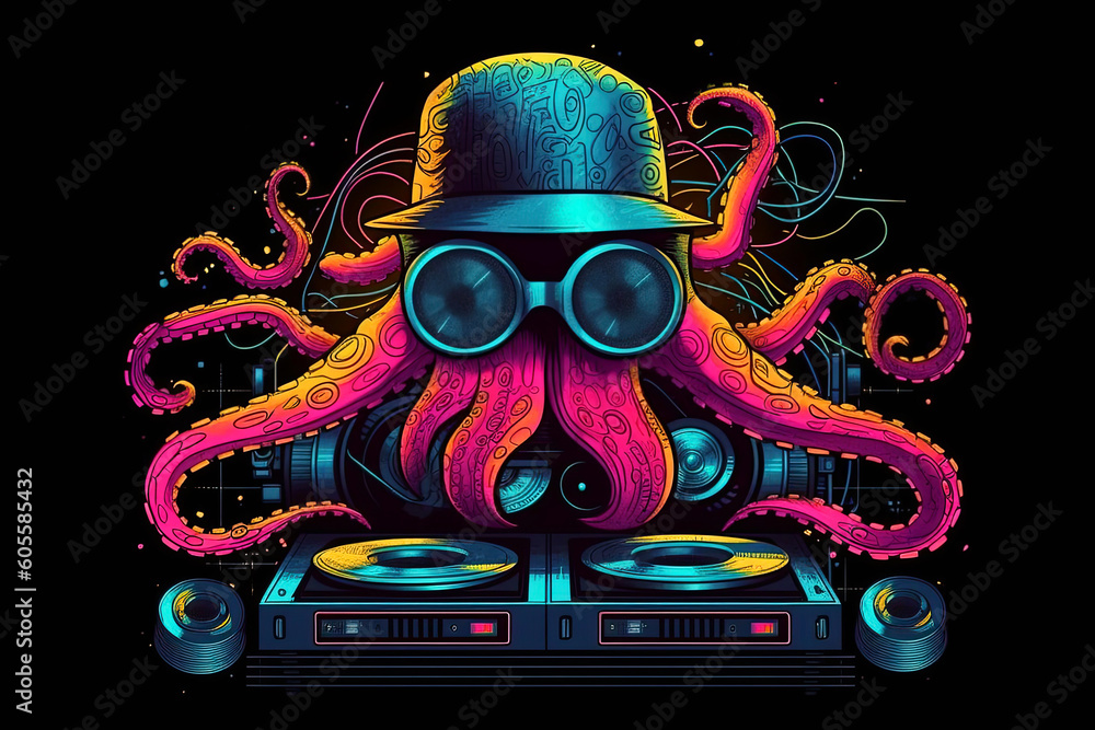 Octopus hipster DJ with a vinyl disc and a player in neon color. An ...