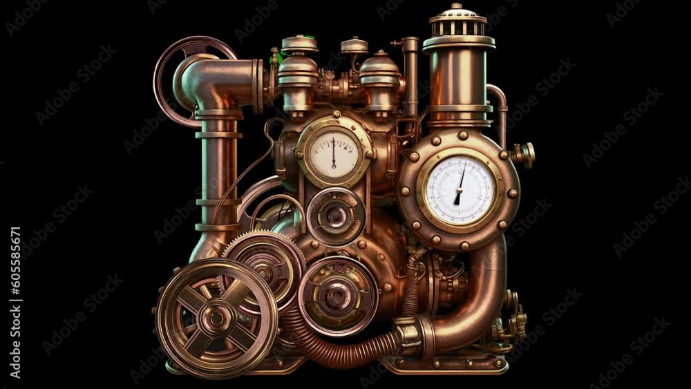 Steampunk Metal Engine With Copper Pipes And Pressure Gauges. Animation ...