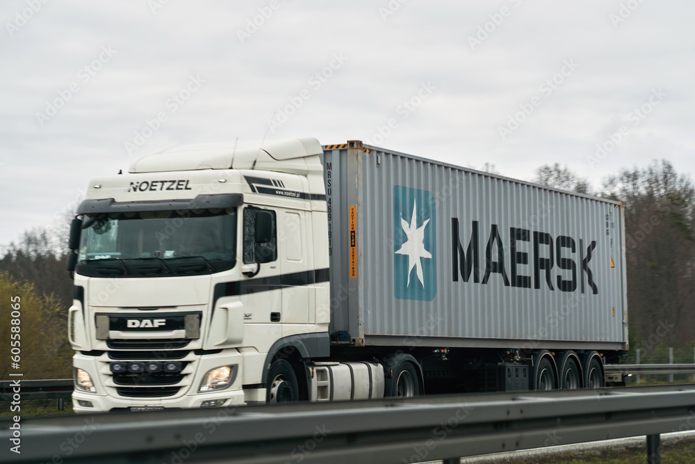 16.04.2023 Germany, Europe. Truck with Maersk sea container on a ...