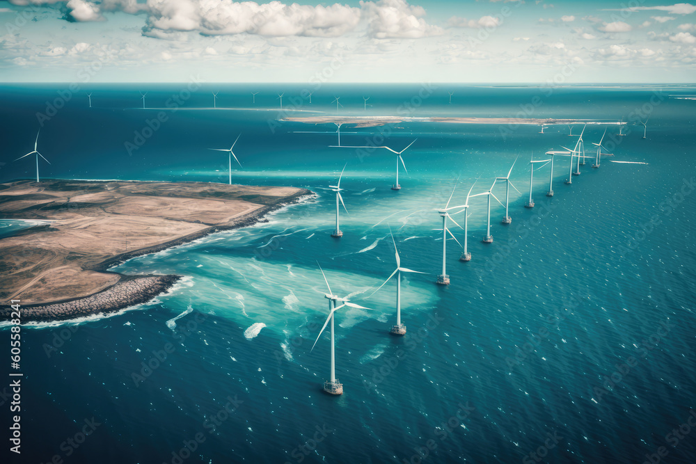 aerial view of Offshore and onshore windmill park ,Windmill farm green ...