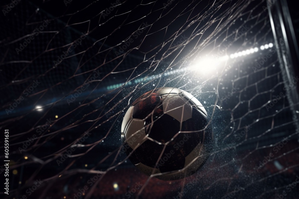 3D soccer ball scores in football goal on transparent background, night ...