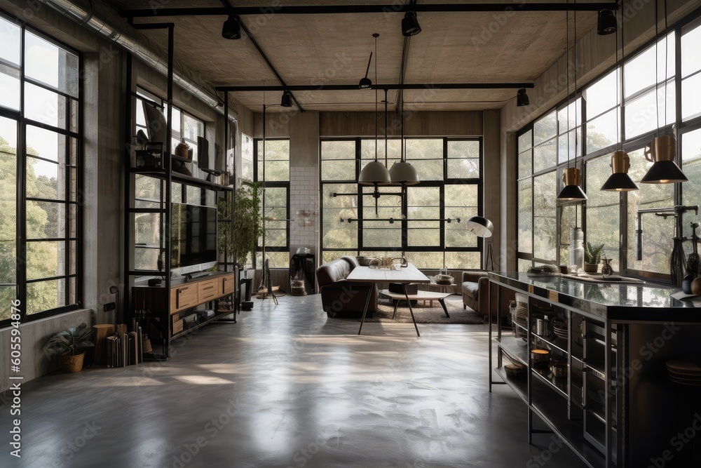 unusual industrial home with exposed pipes and ducts, open floor plan ...
