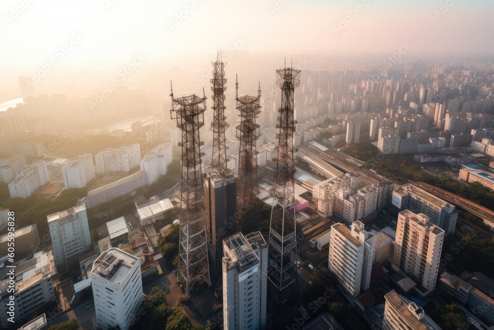 aerial view of city, with 5g antennas installed on tall buildings and cell towers, created with ...