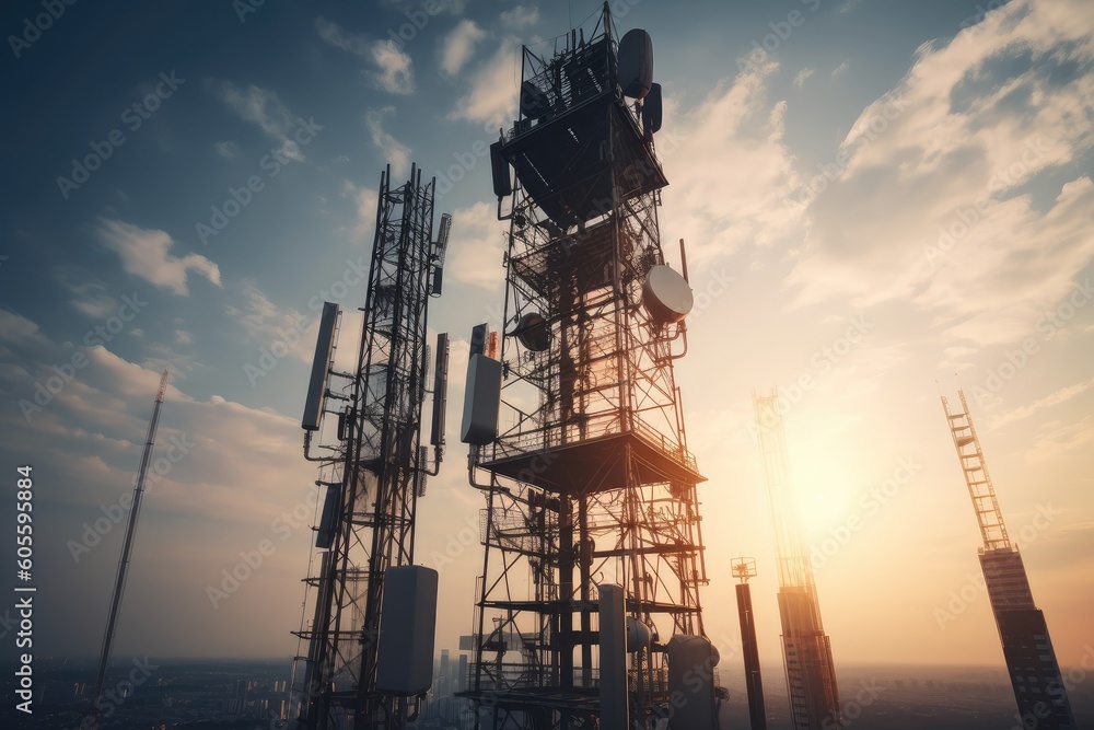 close-up of 5g network tower, with cables and antennas connecting to ...