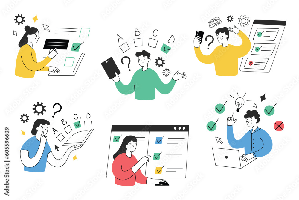 Person passing online test. Students choosing right answers, answering ...