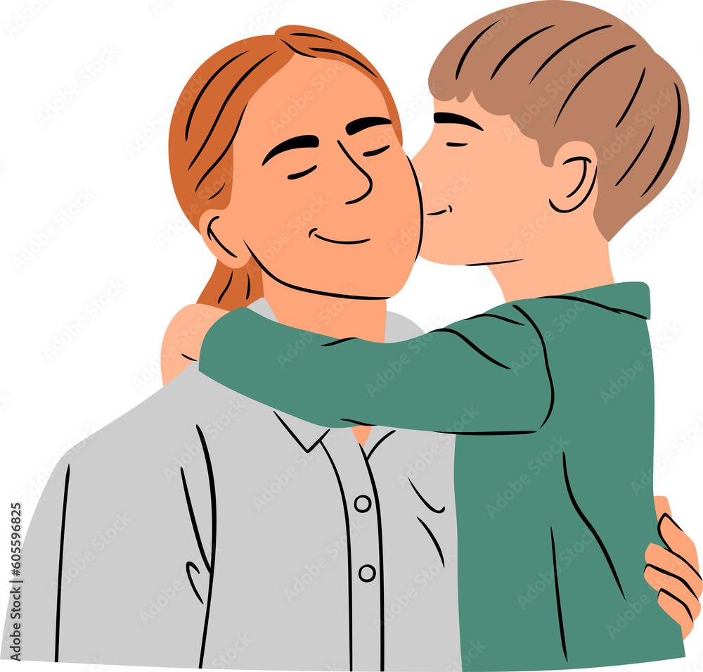 Mère et fils qui font un câlin et un bisou pour la fête des mères Stock ...