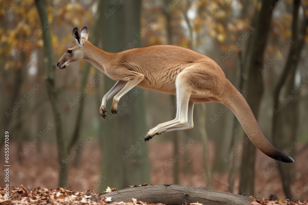 kangaroo jumping high, in mid-leap, displaying its powerful legs and ...