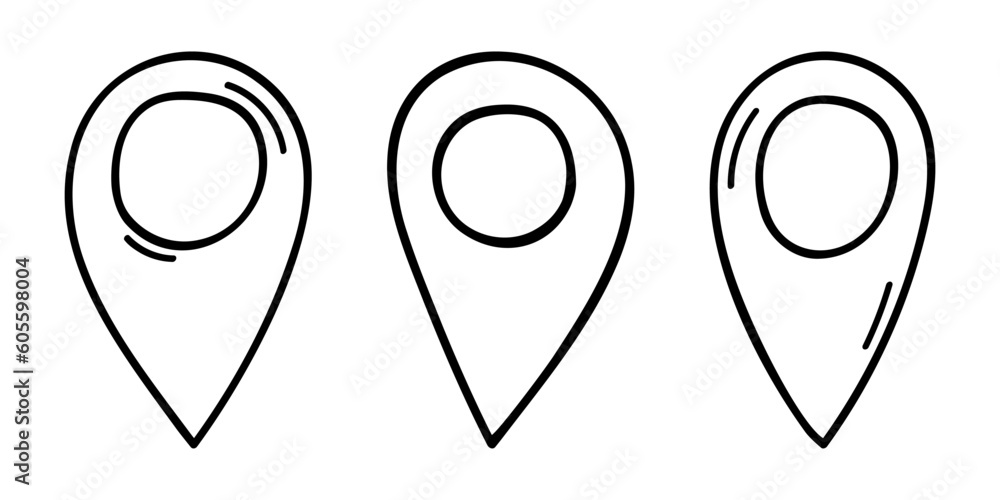 Map pin icon in doodle style. Hand drawn location pointer isolated on ...