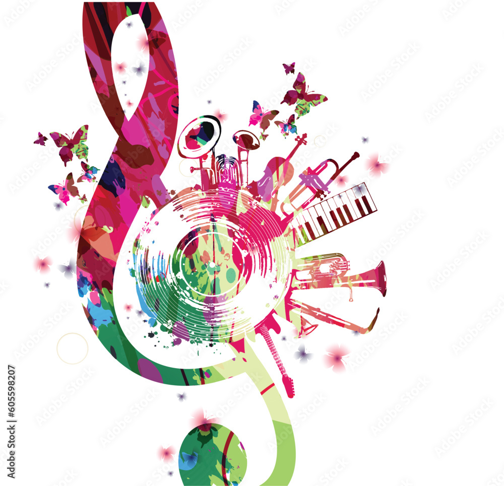 Colorful musical poster with G-clef, LP vinyl record disc and musical ...