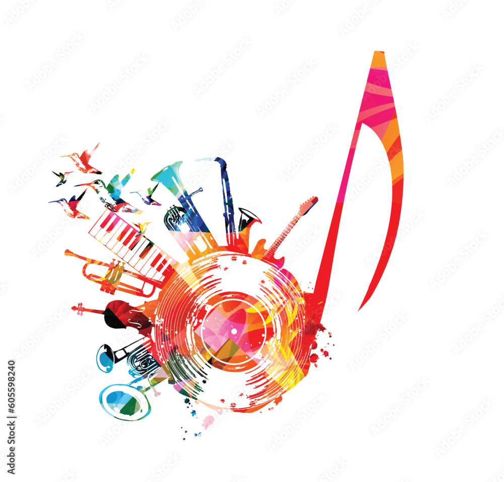 Colorful musical poster with quaver, LP vinyl record disc and musical ...