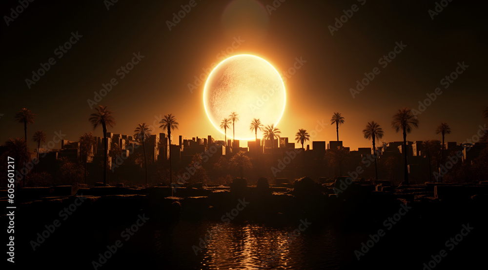 Colorful solar eclipse over an ancient egyptian city, pyramid , palm trees, Ray Tracing Global ...