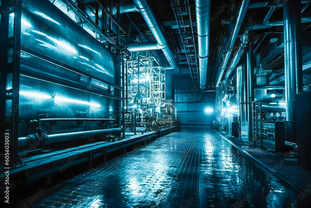 Illustration of an advanced industrial setup with pipes, blue lights ...