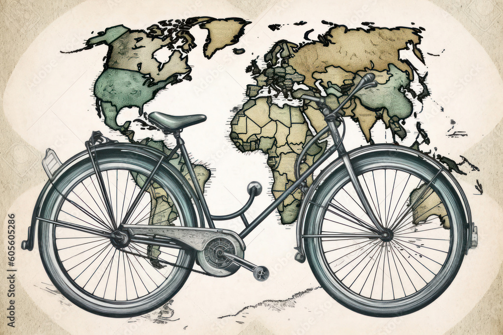 Bicycle and world map. Created using generative Al tools. Stock ...