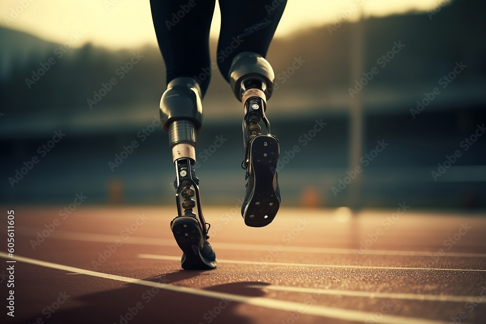 Athlete with prosthetic legs running on track, closeup. Generative AI ...