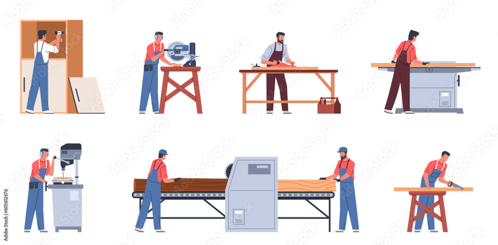 Carpenters characters with furniture. Cartoon men in workwear engaged ...