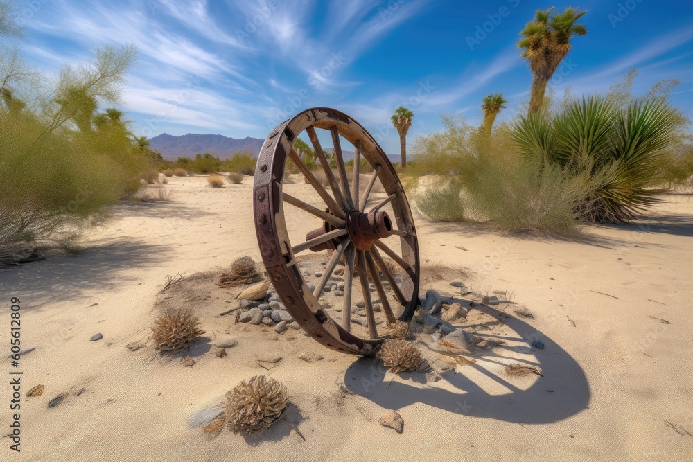 old wagon wheel lying on the sand in desert oasis, created with ...