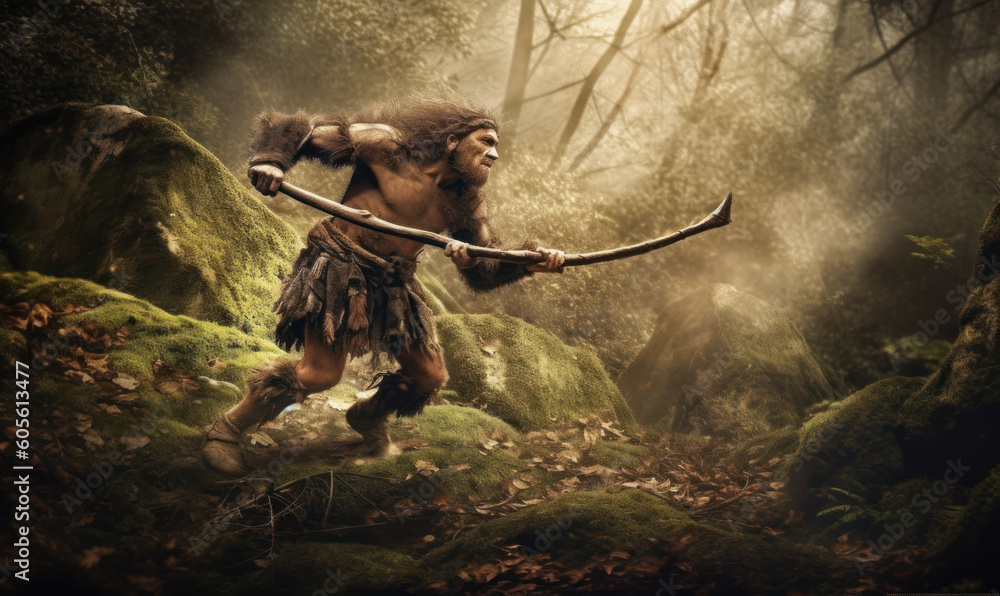 Neanderthal, an archaic human, hunting in a dense, prehistoric mystic ...