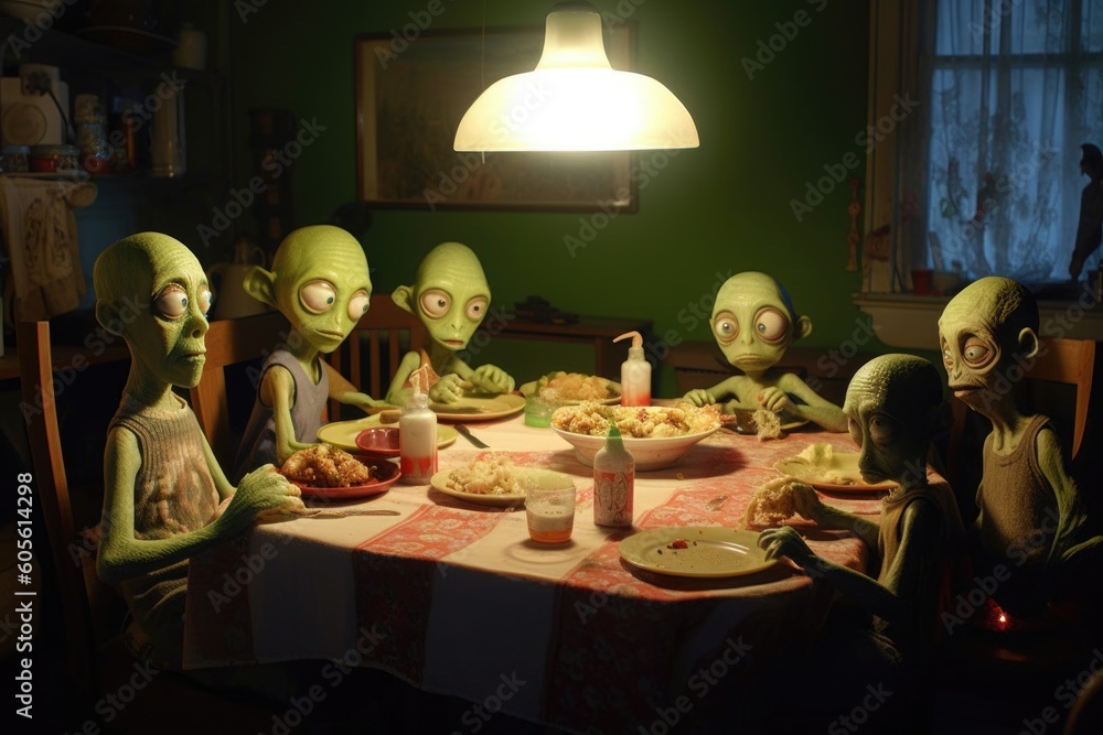a scene of alien family members sitting around the dinner table ...