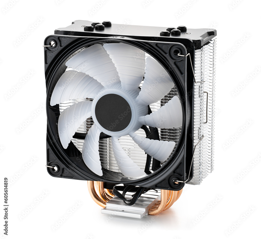 Cooler computer fan isolated on white. Active CPU cooler with large ...