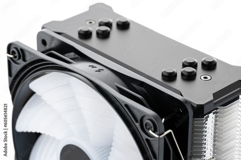 Cooler computer fan isolated on white. Active CPU cooler with large ...