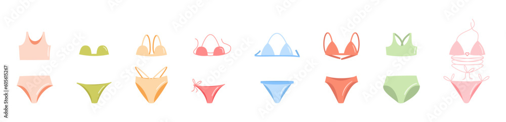 Female swimsuits set. Doodle bikini collection. Modern minimalistic ...