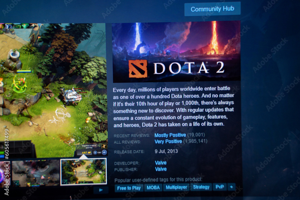 DOTA 2 PC game poster on Steam game store application laptop screen ...