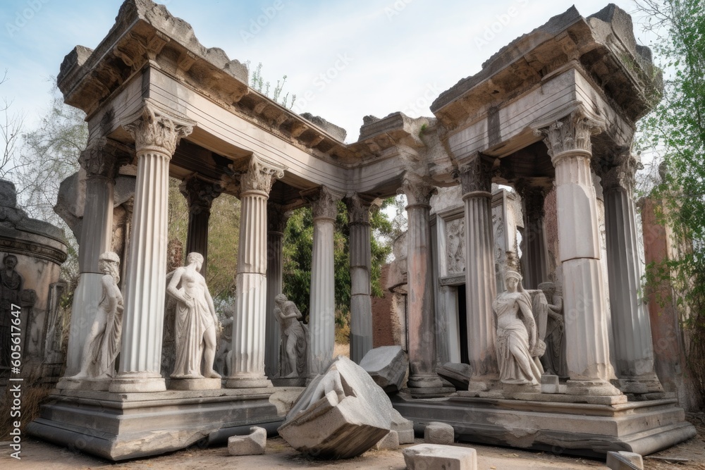 derelict temple with broken columns and toppled statues, created with ...