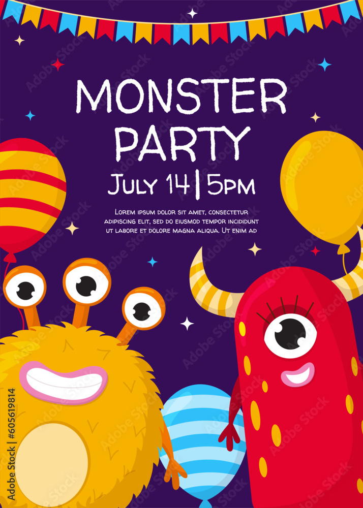 Vector monsters party happy birthday poster template. Funny alien ...