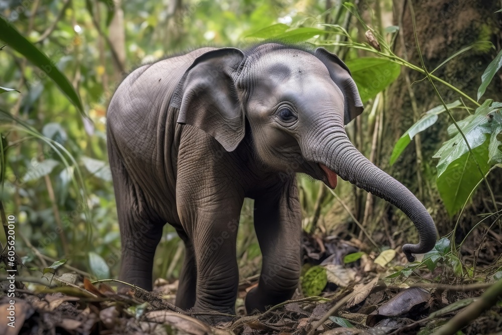 baby elephant, with its huge ears and wrinkly skin, exploring the ...