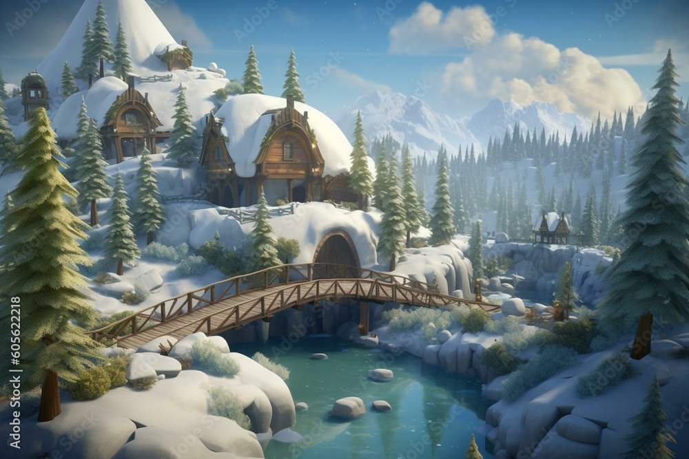 An illustration of an Eskimo igloo town with a bridge, ice river ...