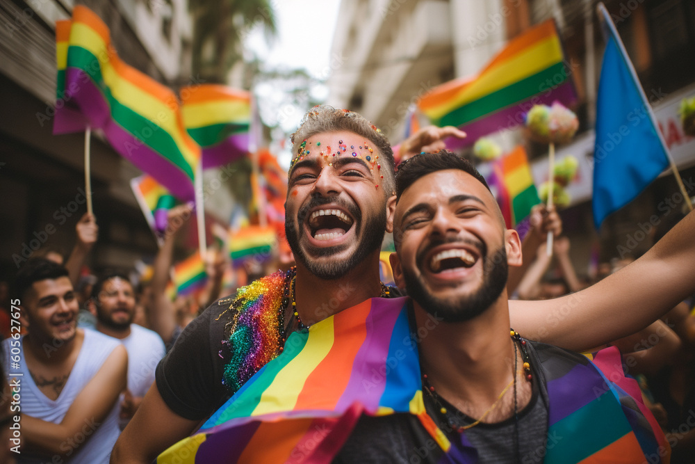 Happy Generative AI Couple at LGBTQ+ Gay Pride Parade in Sao Paulo ...