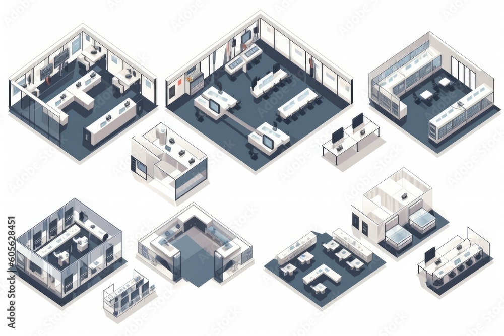 isometric and axonometric floor plans of modern office building, with ...