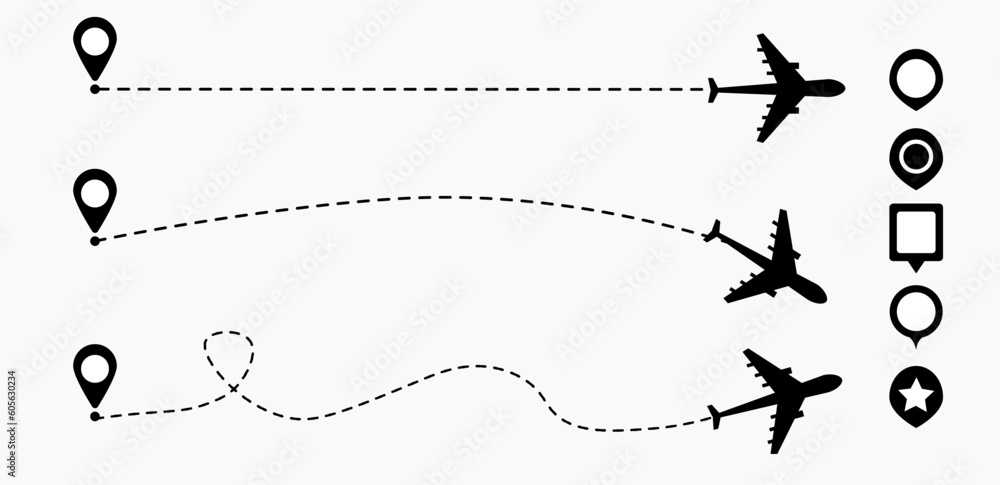 Grafika wektorowa Stock: Airplane line path icon with start point ... Grafika wektorowa Stock: Airplane line path icon with start point ...